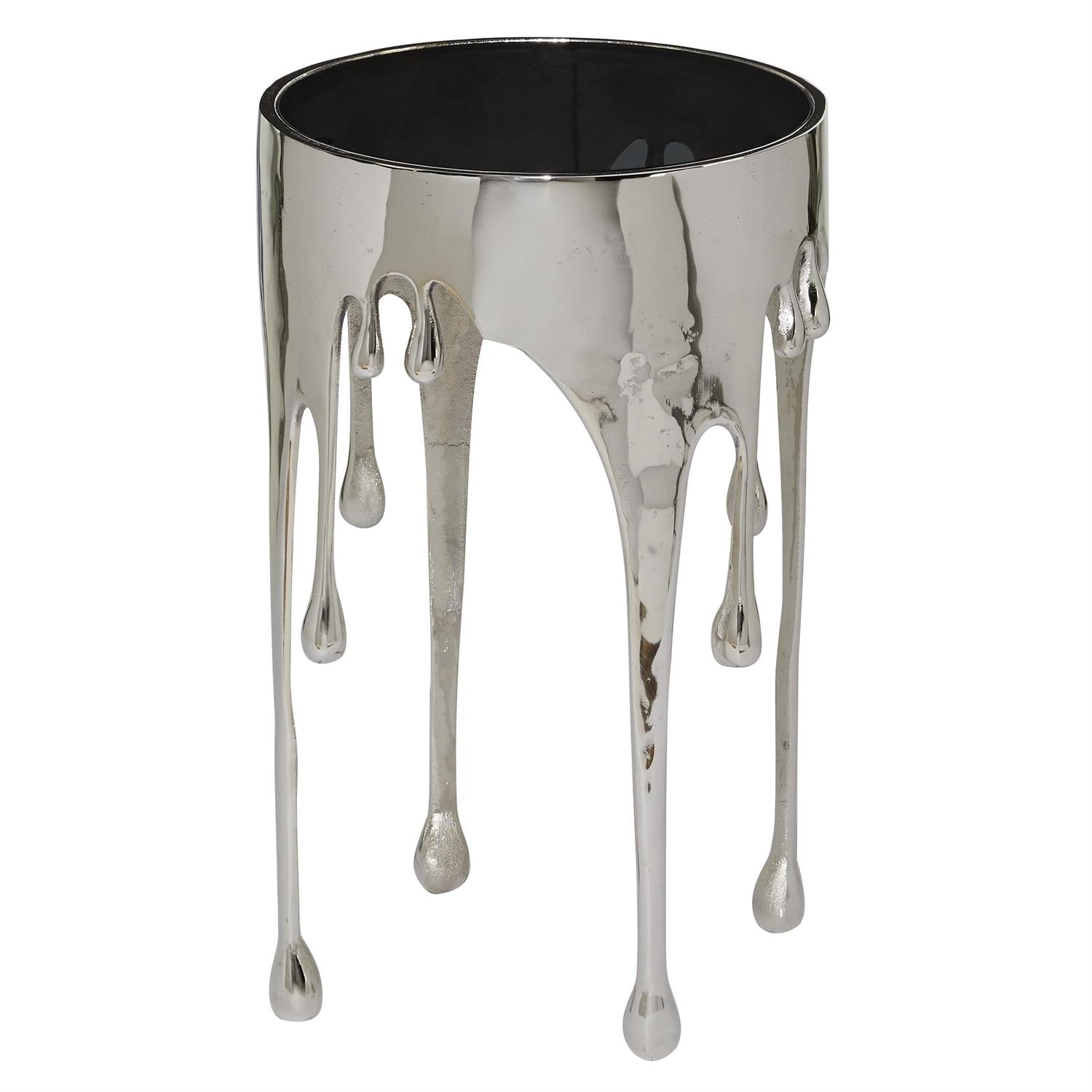 Silver Drip Accent Table with Melting Design and Shaded Glass Top 16"